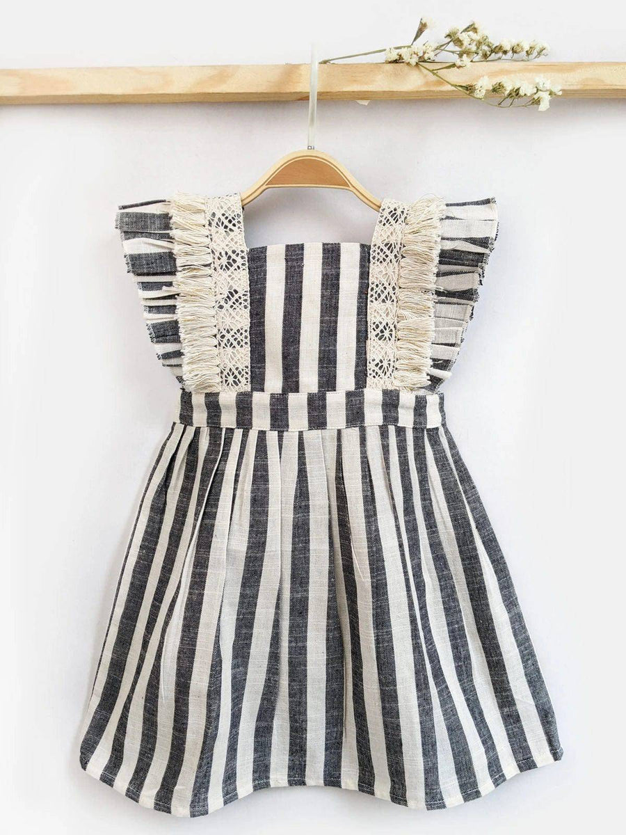 Grey Stripes Baby Frilled Frock With Crochette Lace | Halemons