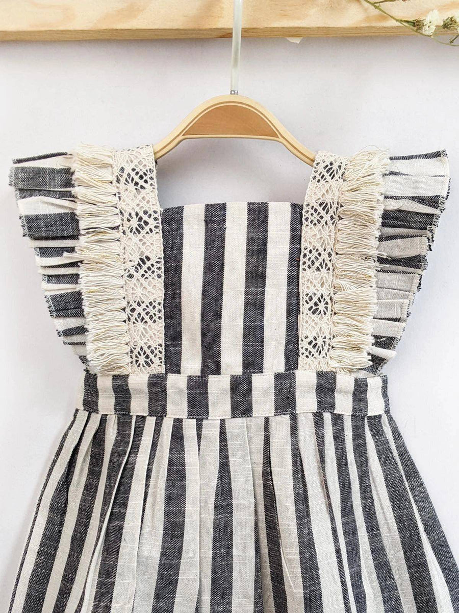 Grey Stripes Baby Frilled Frock With Crochette Lace | Halemons